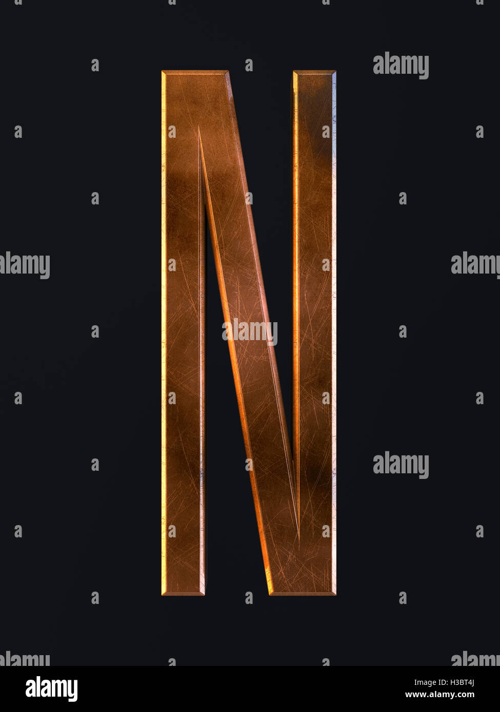3d render of golden metal dirty rust scratch alphabet letter symbol - N ...
