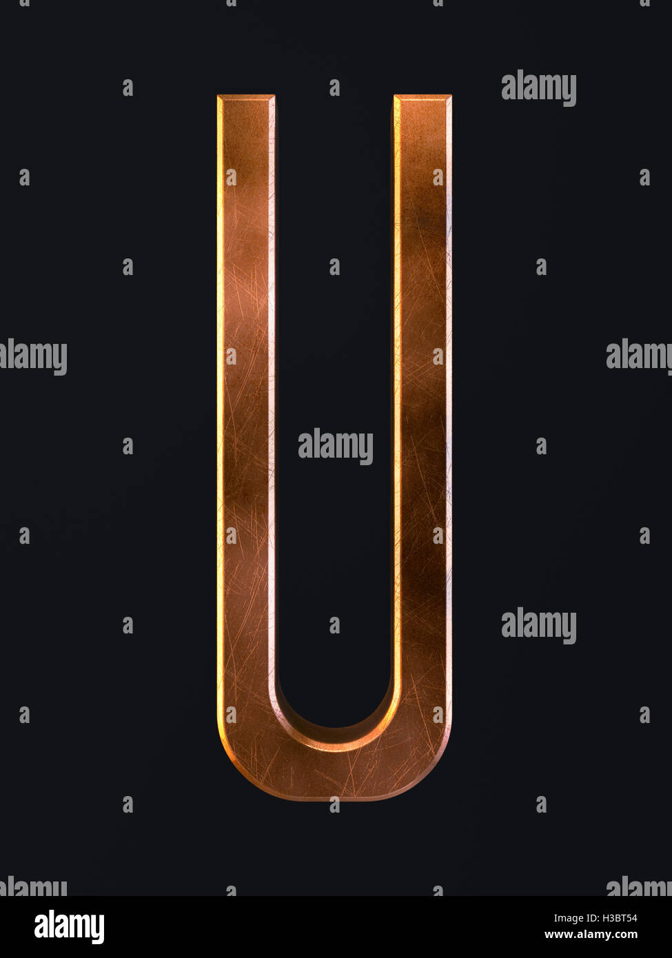 3d render of golden metal dirty rust scratch alphabet letter symbol - U ...