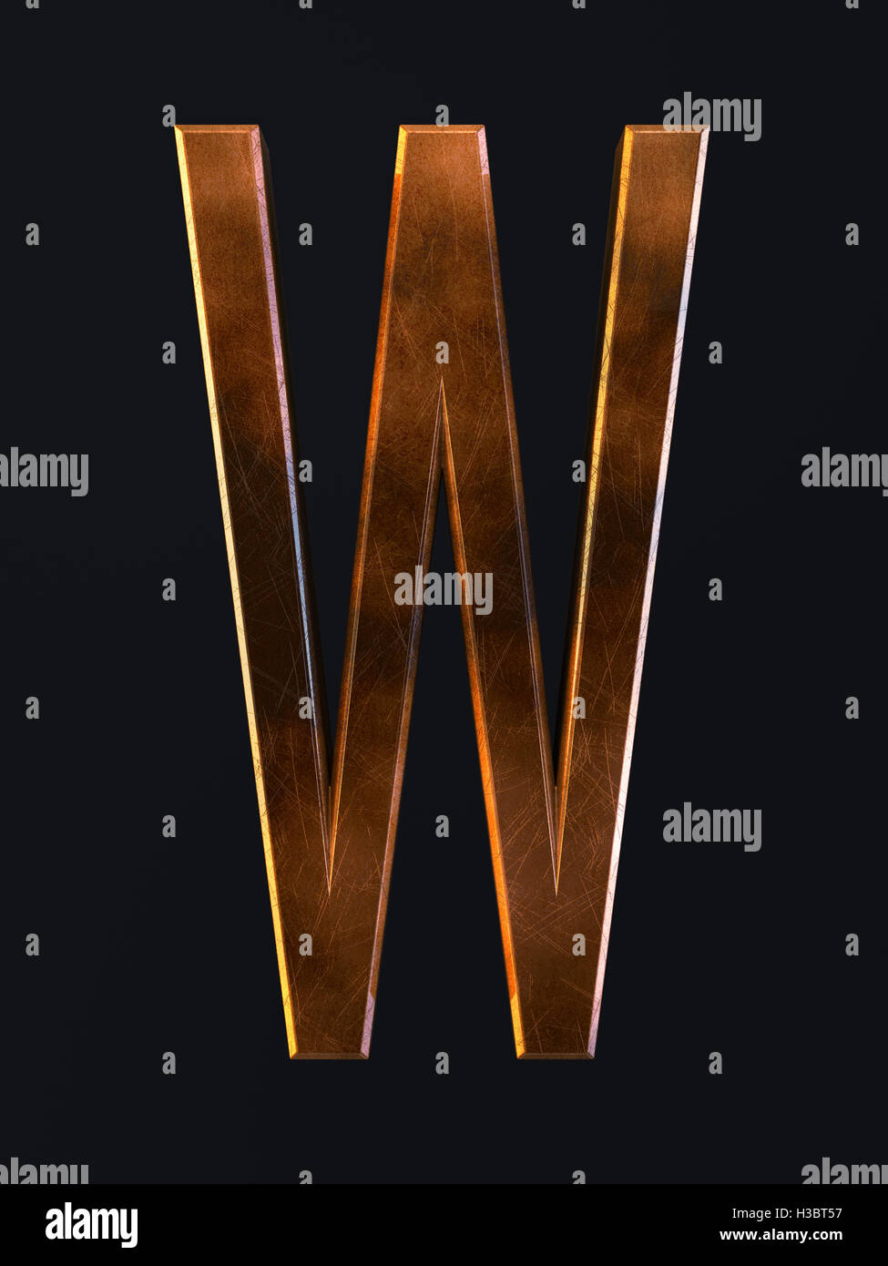3d render of golden metal dirty rust scratch alphabet letter symbol - W ...