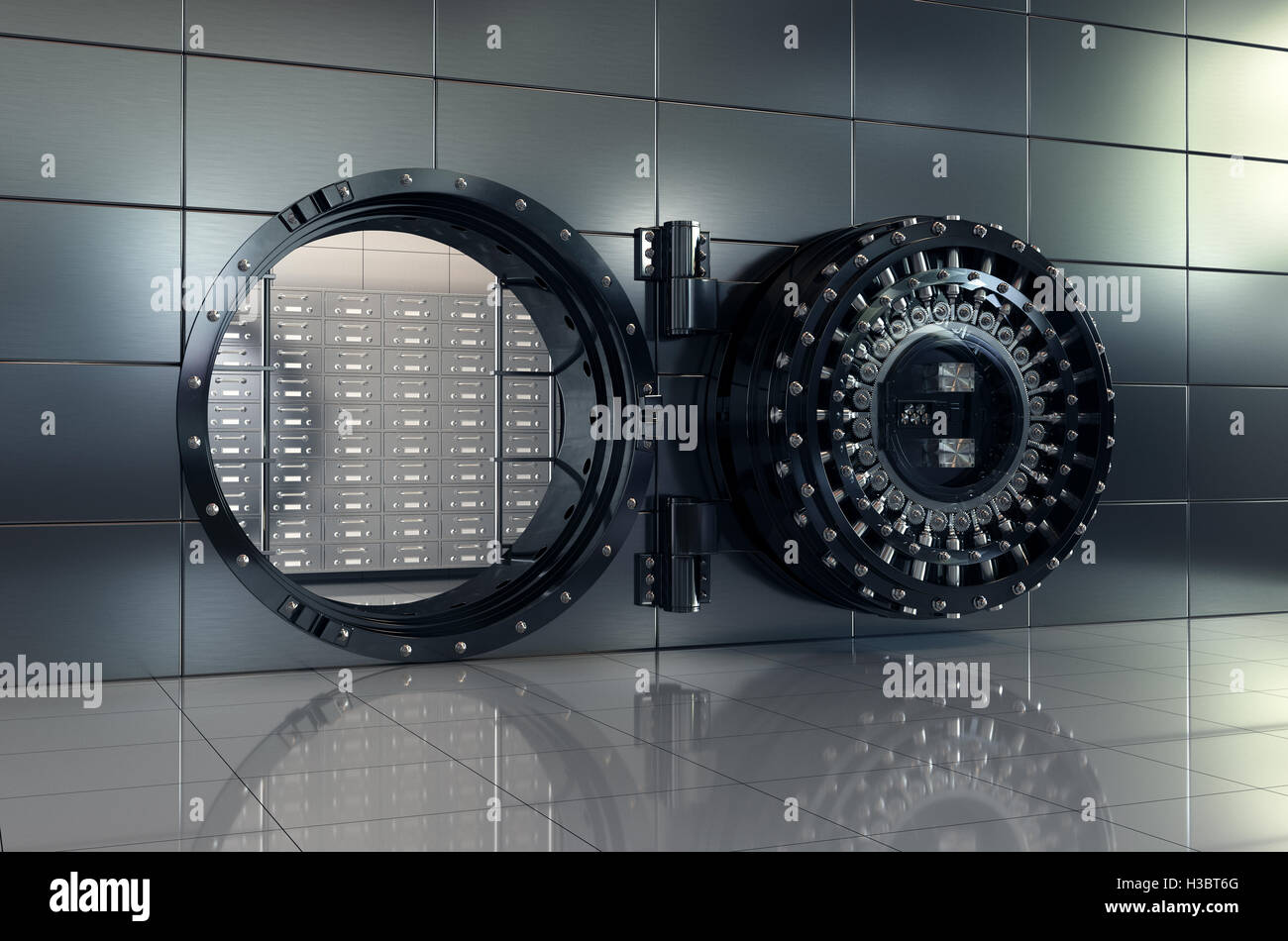 3d rendering of open bank vault door. Safety and secure business ...