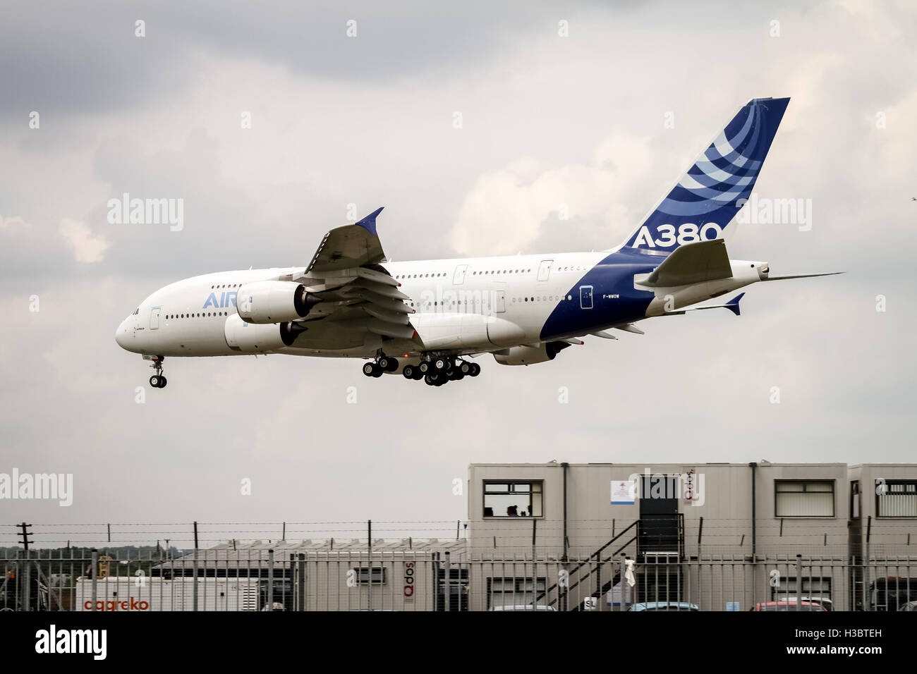 An Airbus A380 four-engine jet airliner performs at the Farnborough Air ...