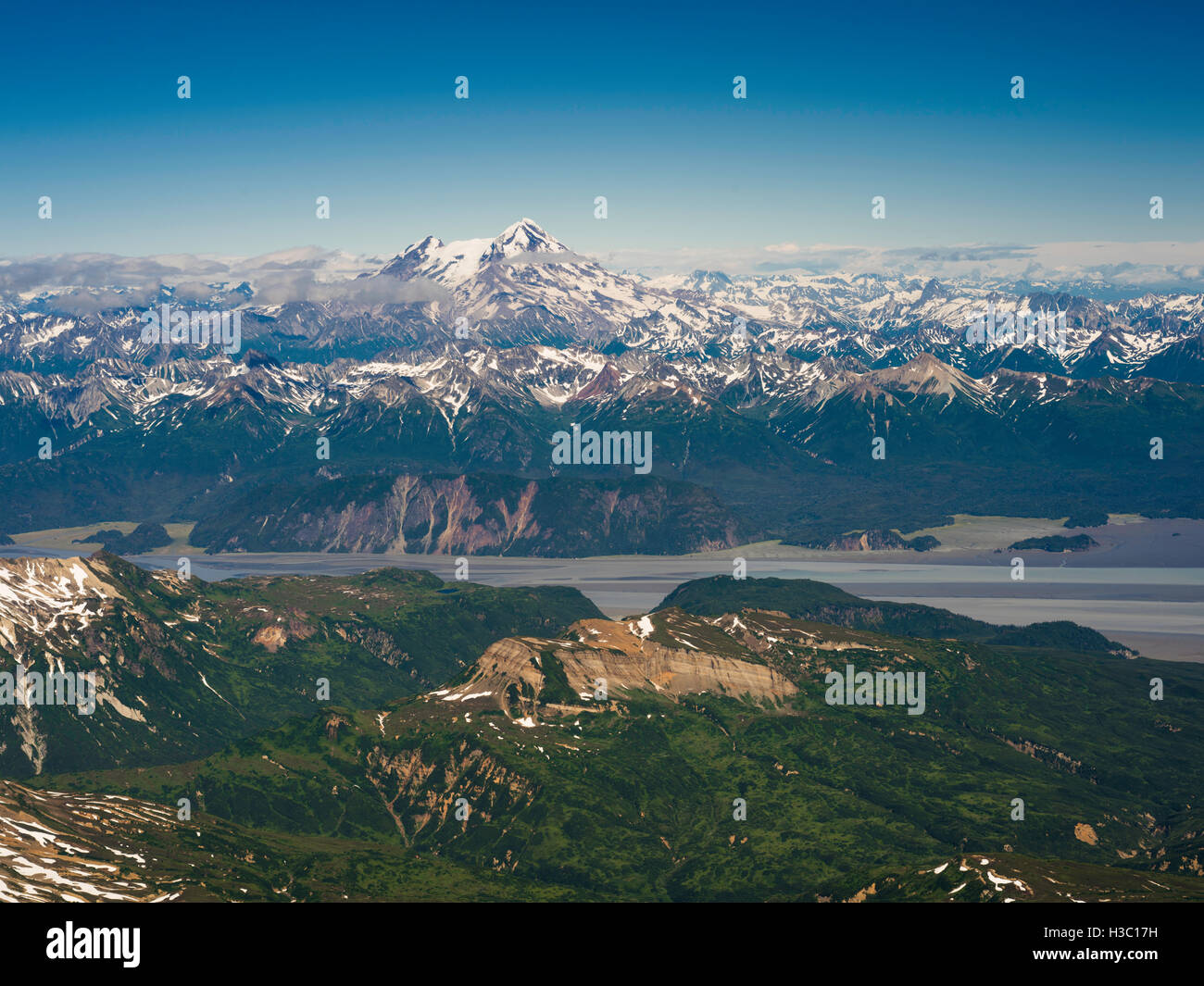 Aerial view of the Redoubt Volcano, shrouded in the clouds, with ...