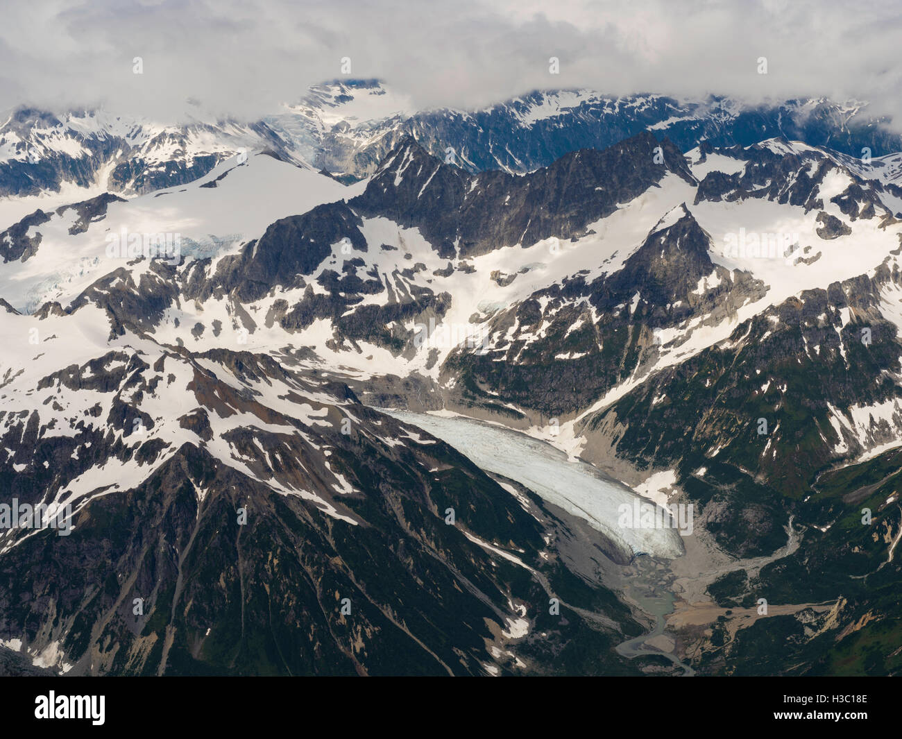 Aerial view of mountains, snow and glaciers, Lake Clark National Park ...