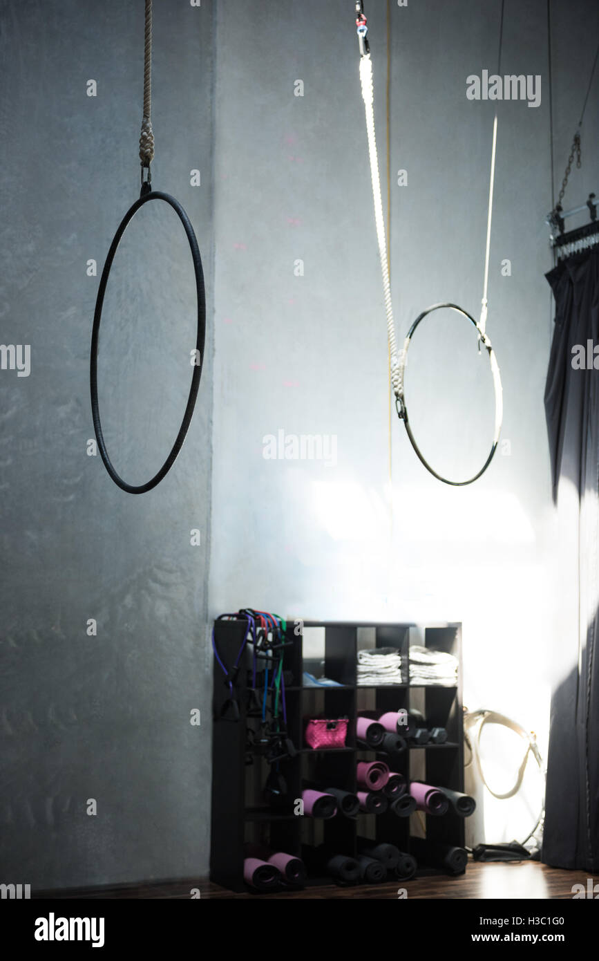 Hanging gymnastic hoops Stock Photo - Alamy