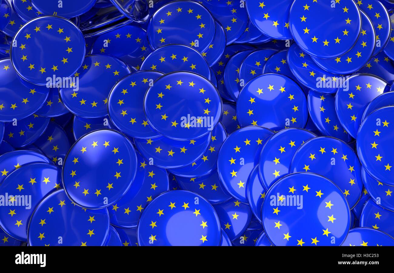 Large pile of EU Stars Badges. 3D rendering Stock Photo - Alamy