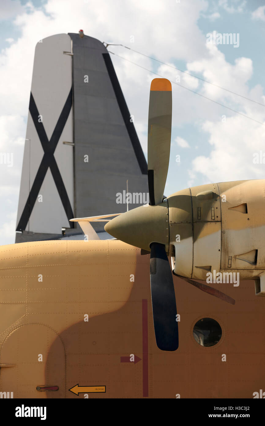 Aircraft propeller airframe and tail with blue sky background. Vertical ...