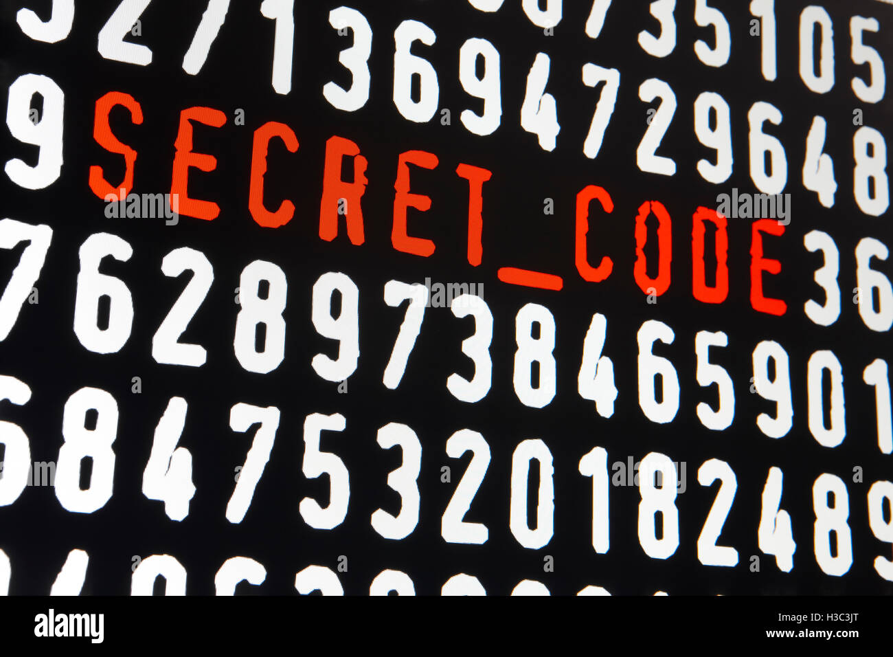 Computer screen with secret code text on black background. Horizontal ...