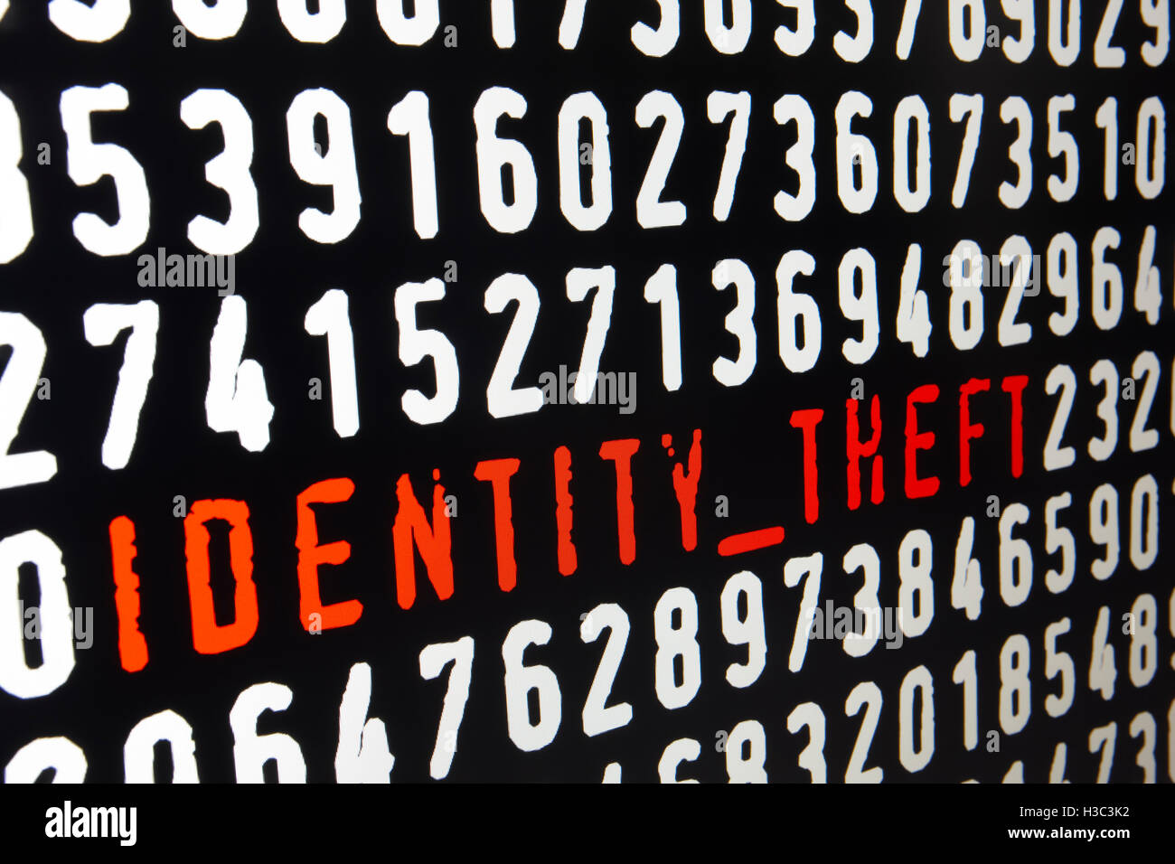 Computer screen with identity theft text on black background ...