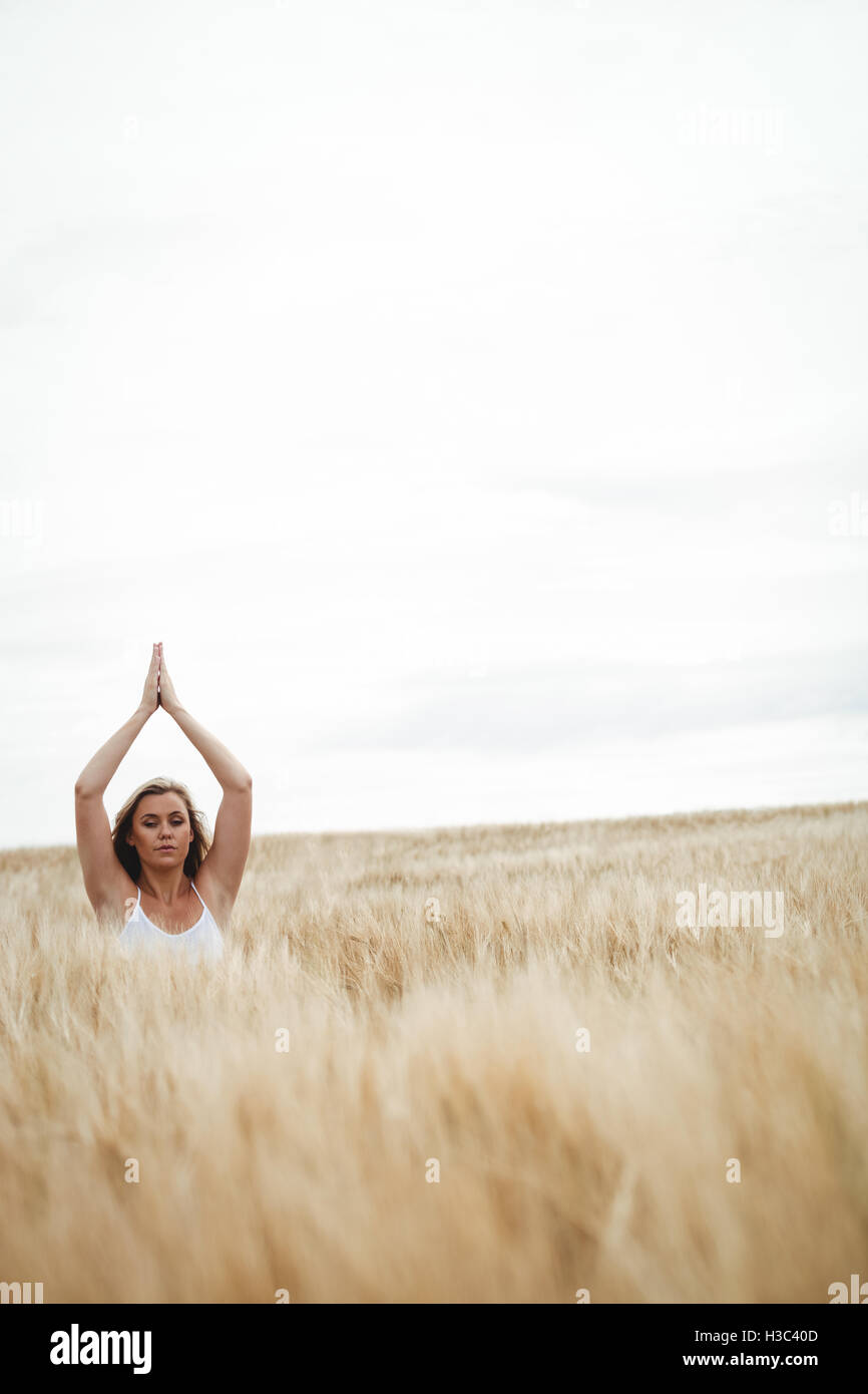 Woman with hands raised over head in prayer position in field Stock ...