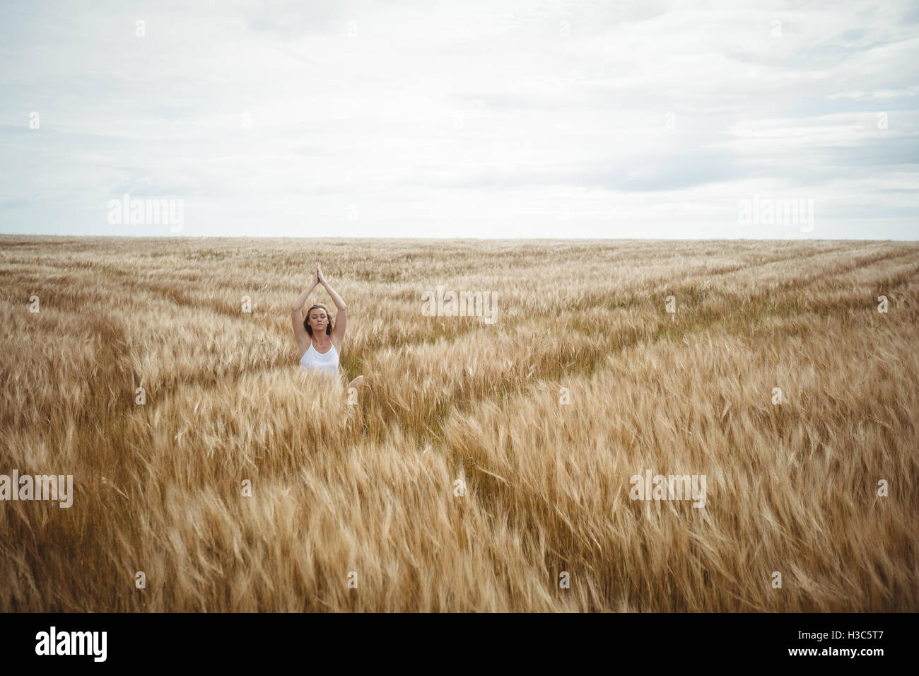 Woman with hands raised over head in prayer position in field Stock ...