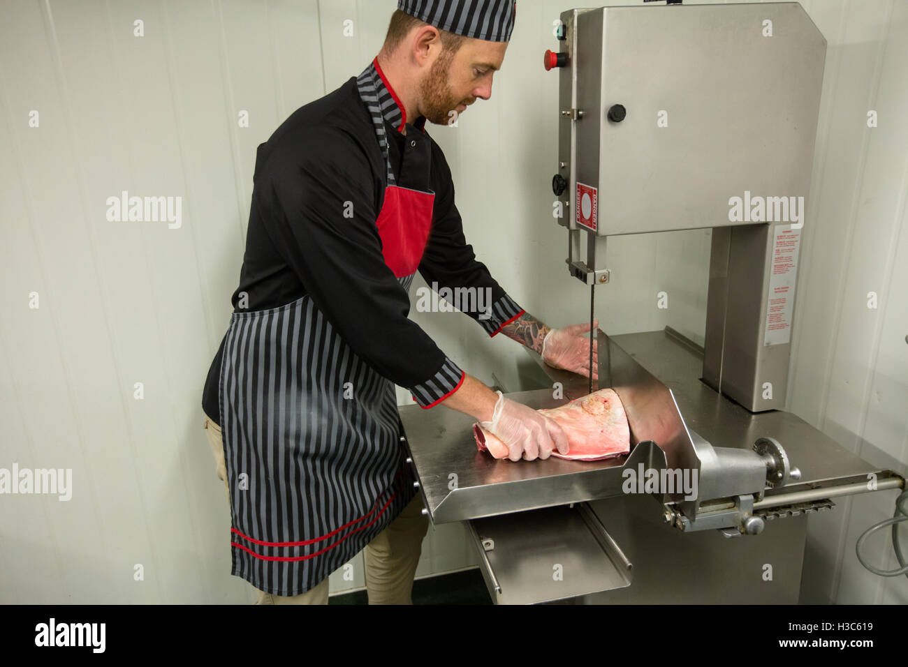 Butcher cutting pork in machine Stock Photo - Alamy