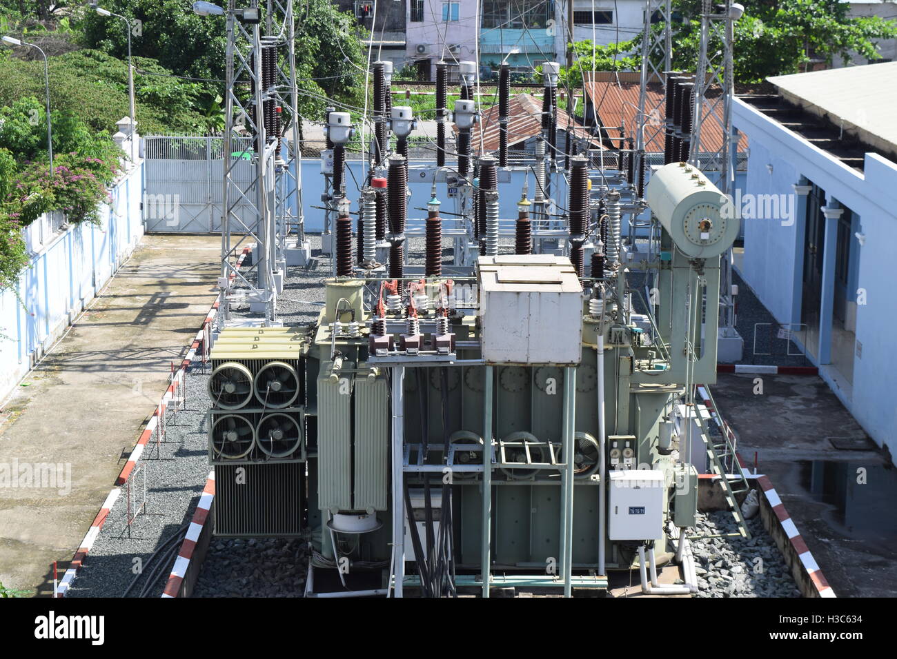 high voltage transformer in resident modern city Stock Photo - Alamy