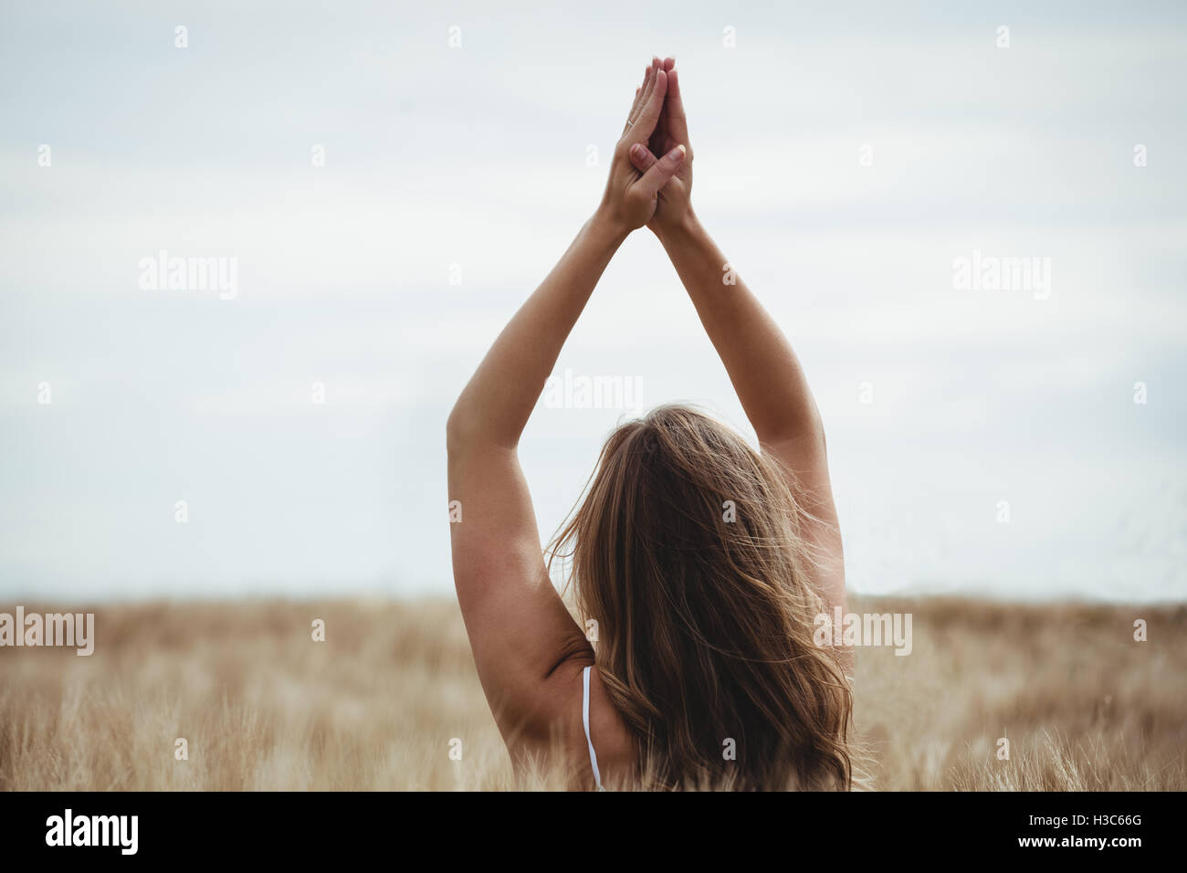 Woman with hands raised over head in prayer position in field Stock ...