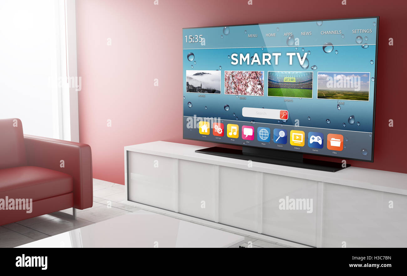 smart tv on a living room. 3d Rendering Stock Photo - Alamy