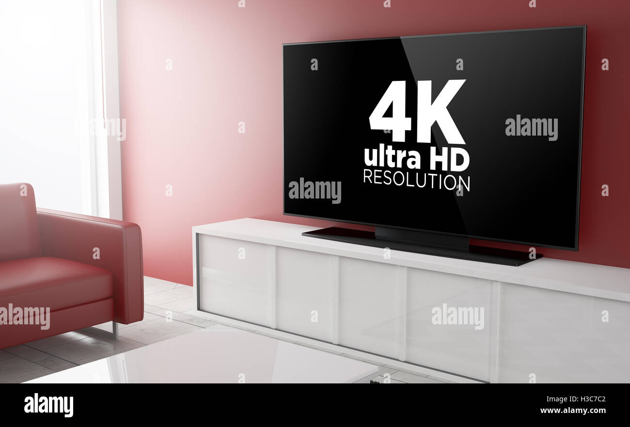 4k on smart tv on a living room. 3d Rendering Stock Photo - Alamy
