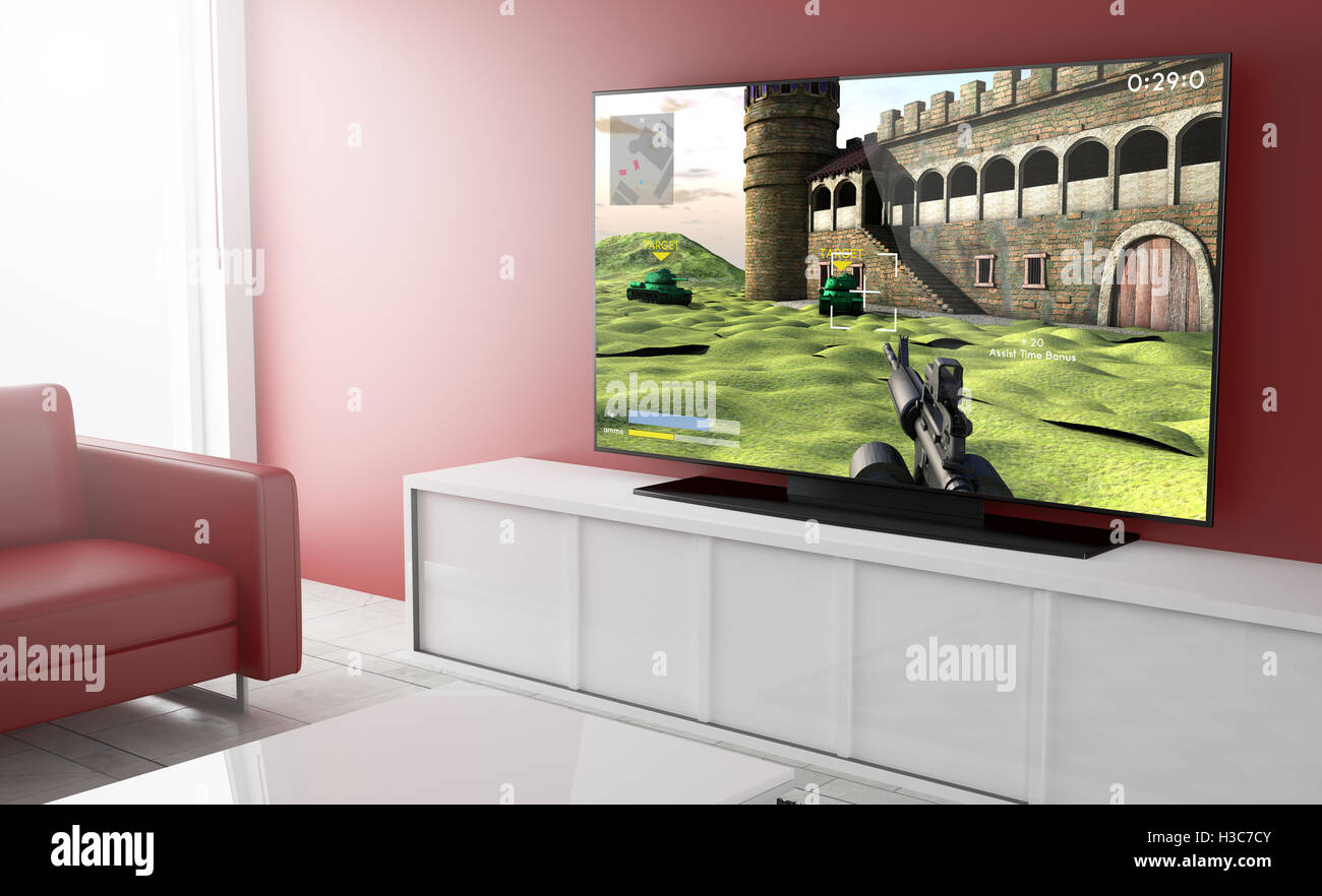 videogame on smart tv on a living room. 3d Rendering Stock Photo - Alamy
