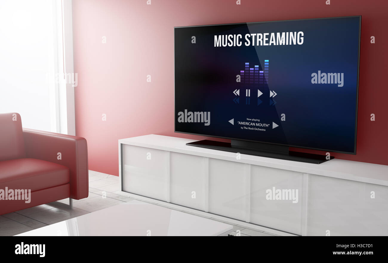 music streaming on tv on a living room. 3d Rendering Stock Photo - Alamy