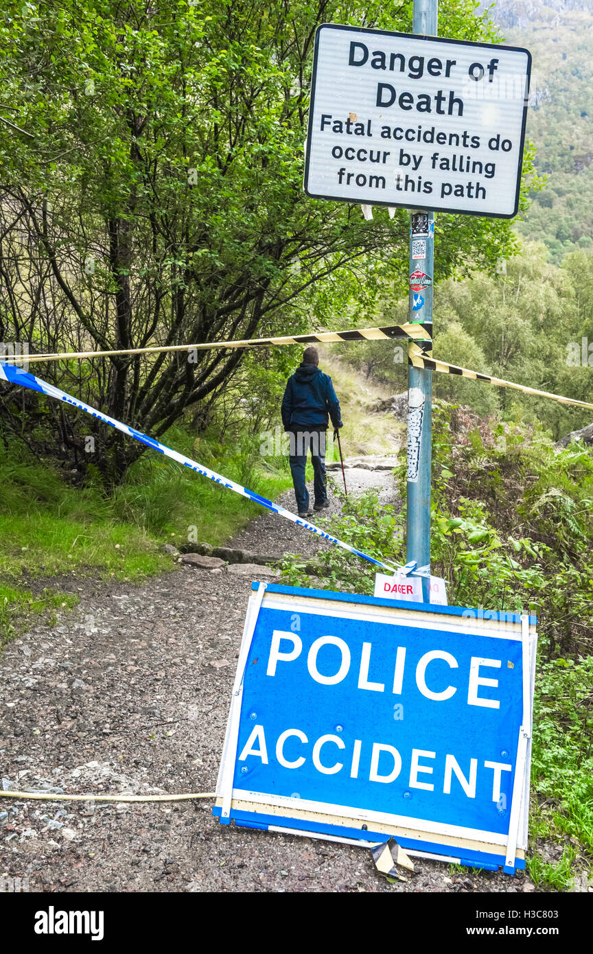 Police warning sign at the Steall waterfalls, Glen Nevis, Scotland ...