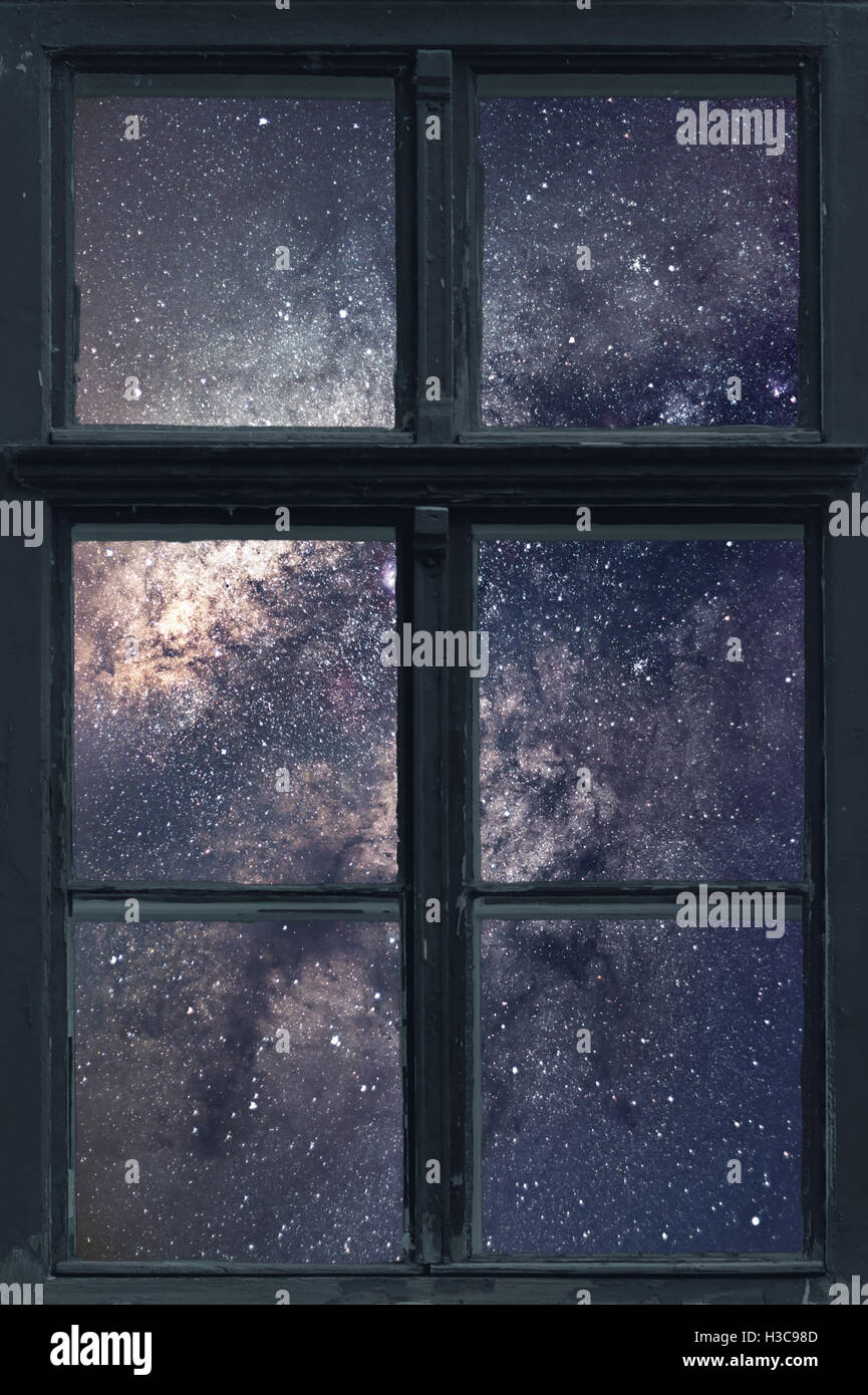 Starry night sky Window view. Milky Way Galaxy Stock Photo - Alamy
