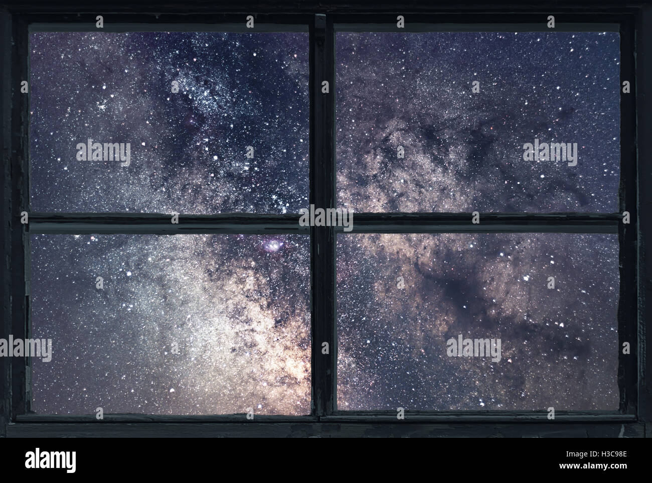 Starry night sky Window view. Milky Way Galaxy Stock Photo - Alamy