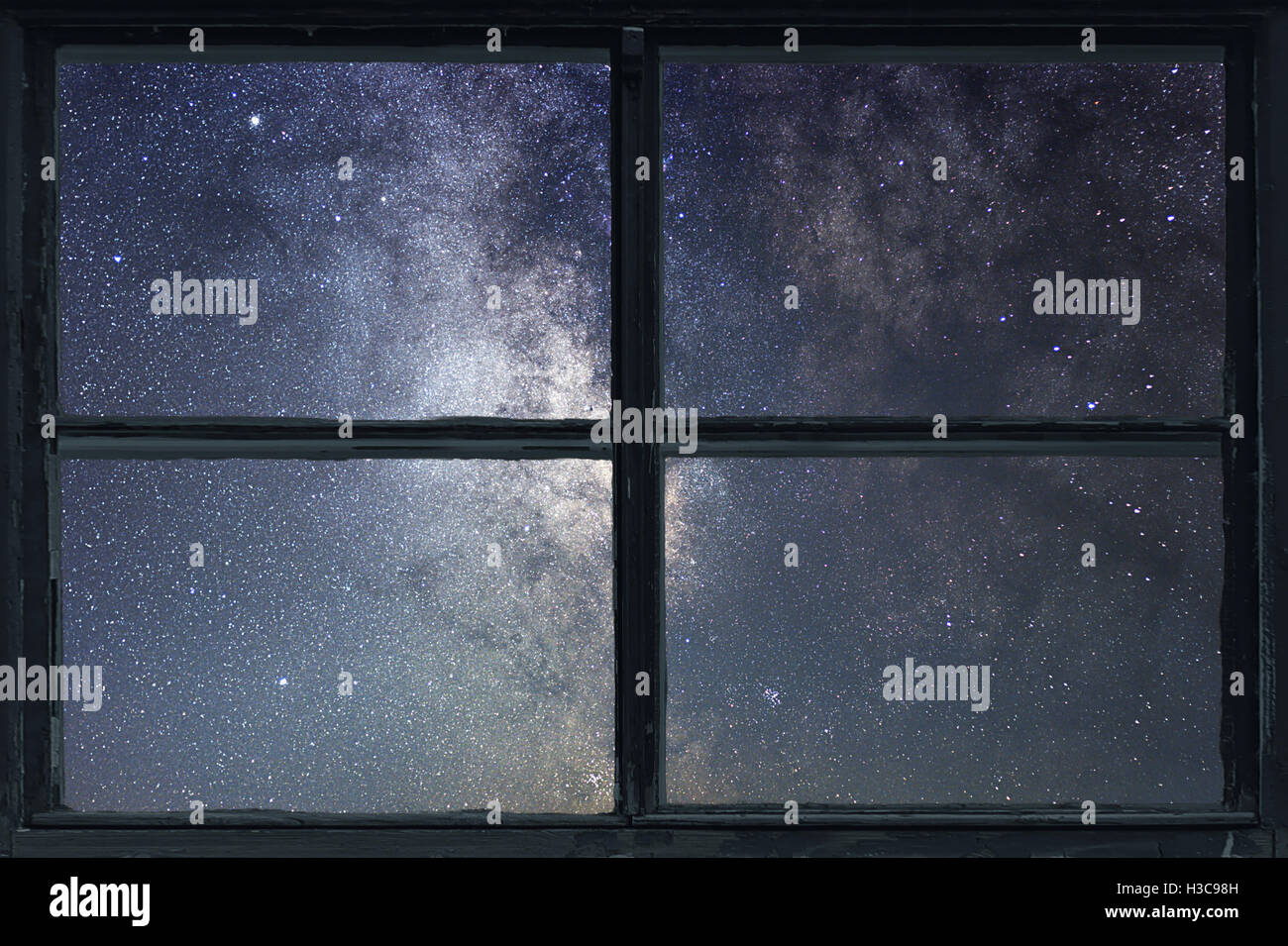 Starry night sky Window view. Milky Way Galaxy Stock Photo - Alamy