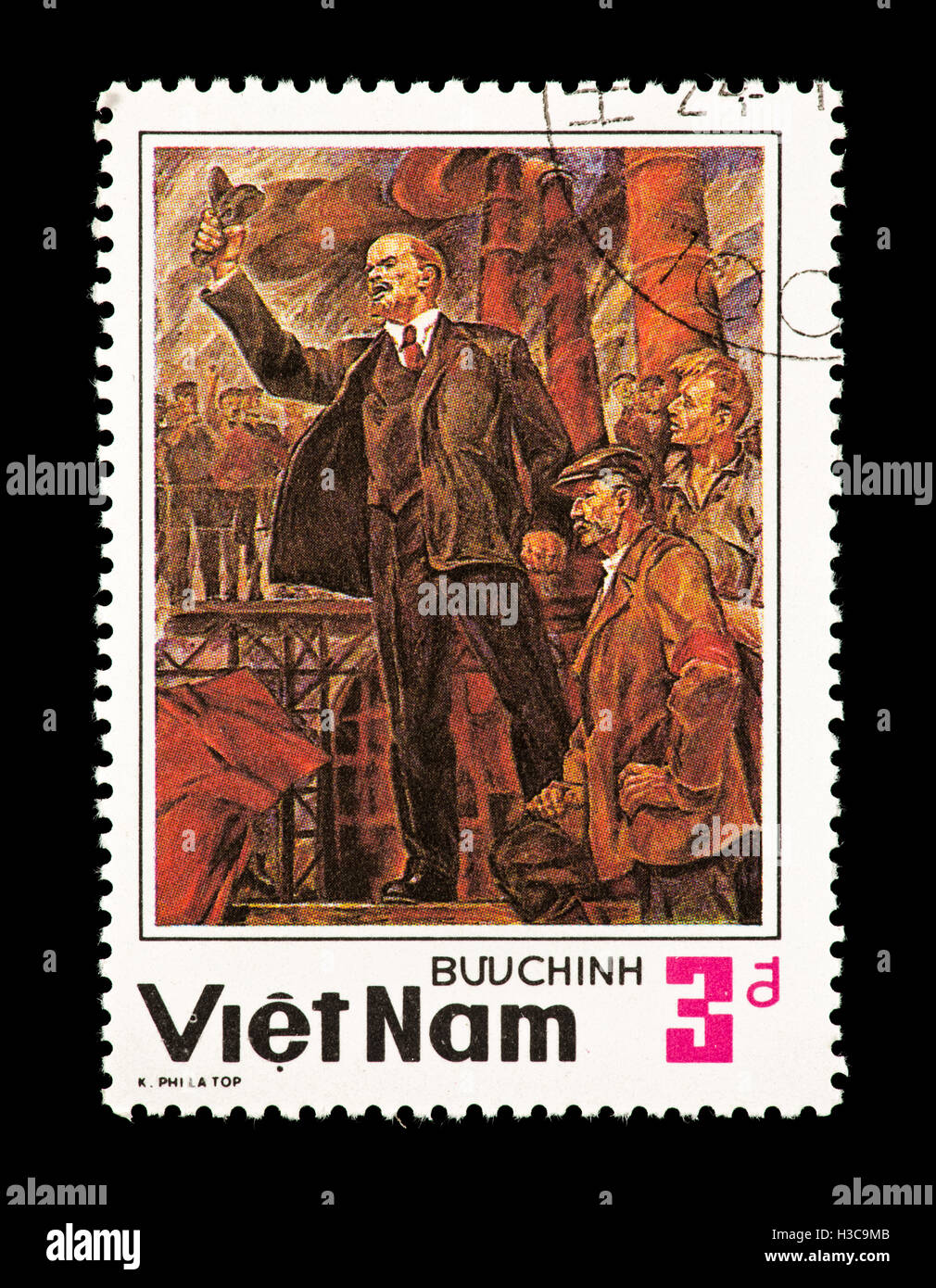 Postage stamp from Vietnam depicting a painting of Lenin speaking at a ...