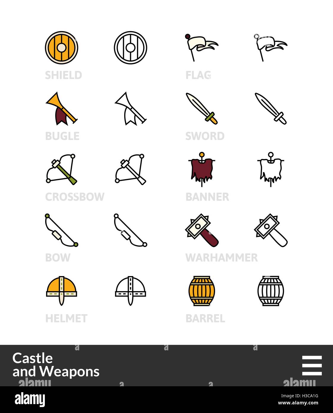 Black and color outline icons, thin stroke line style design Stock ...
