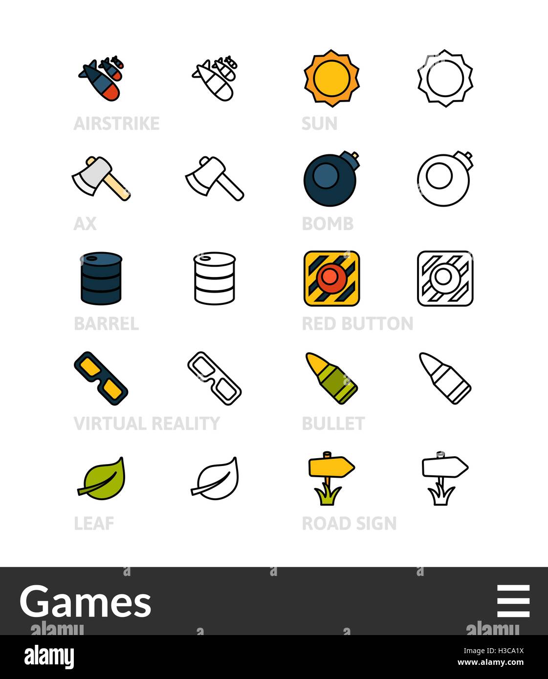 Black and color outline icons, thin stroke line style design Stock ...