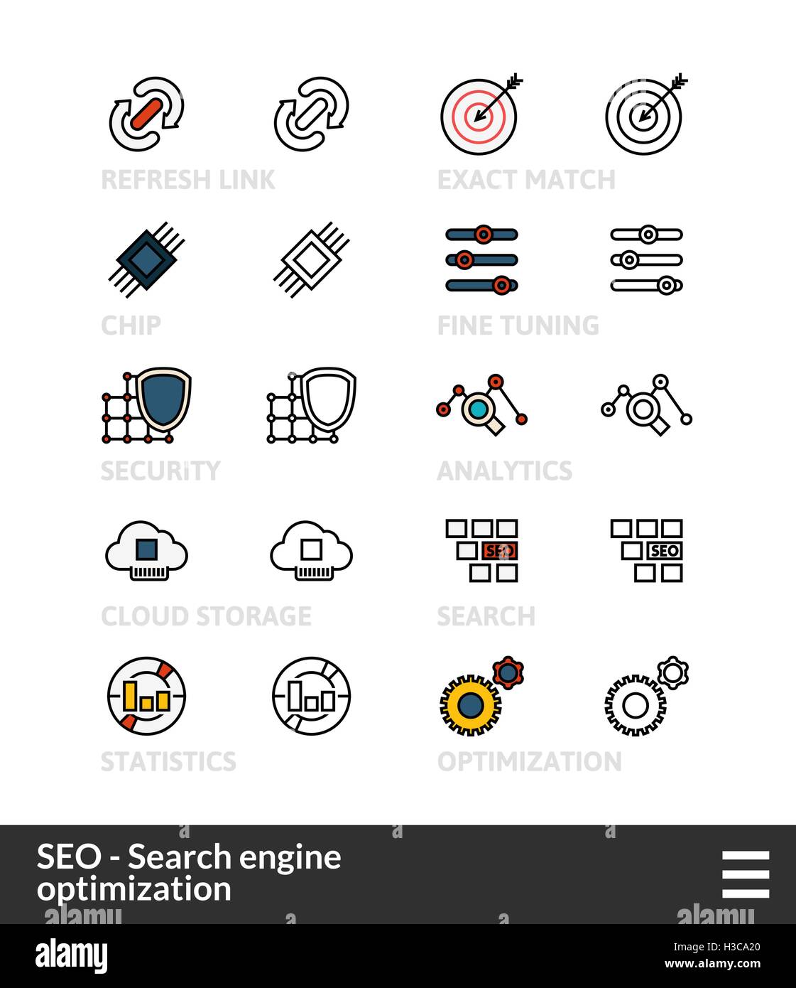 Black and color outline icons, thin stroke line style design Stock ...