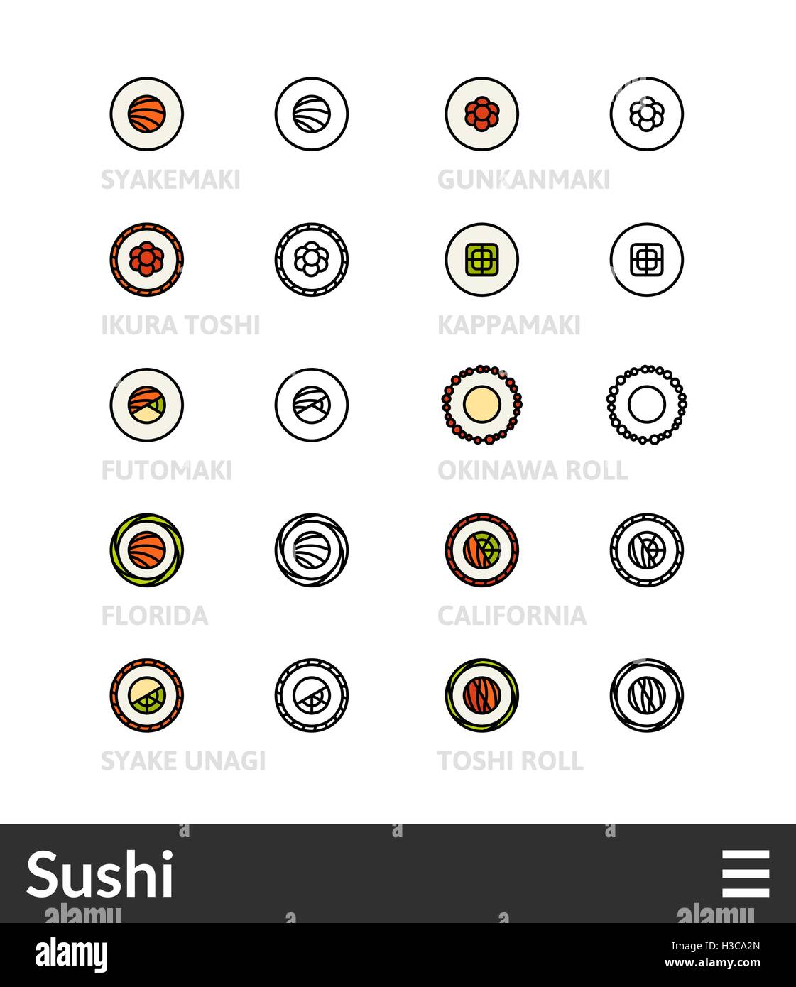 Black and color outline icons, thin stroke line style design Stock ...