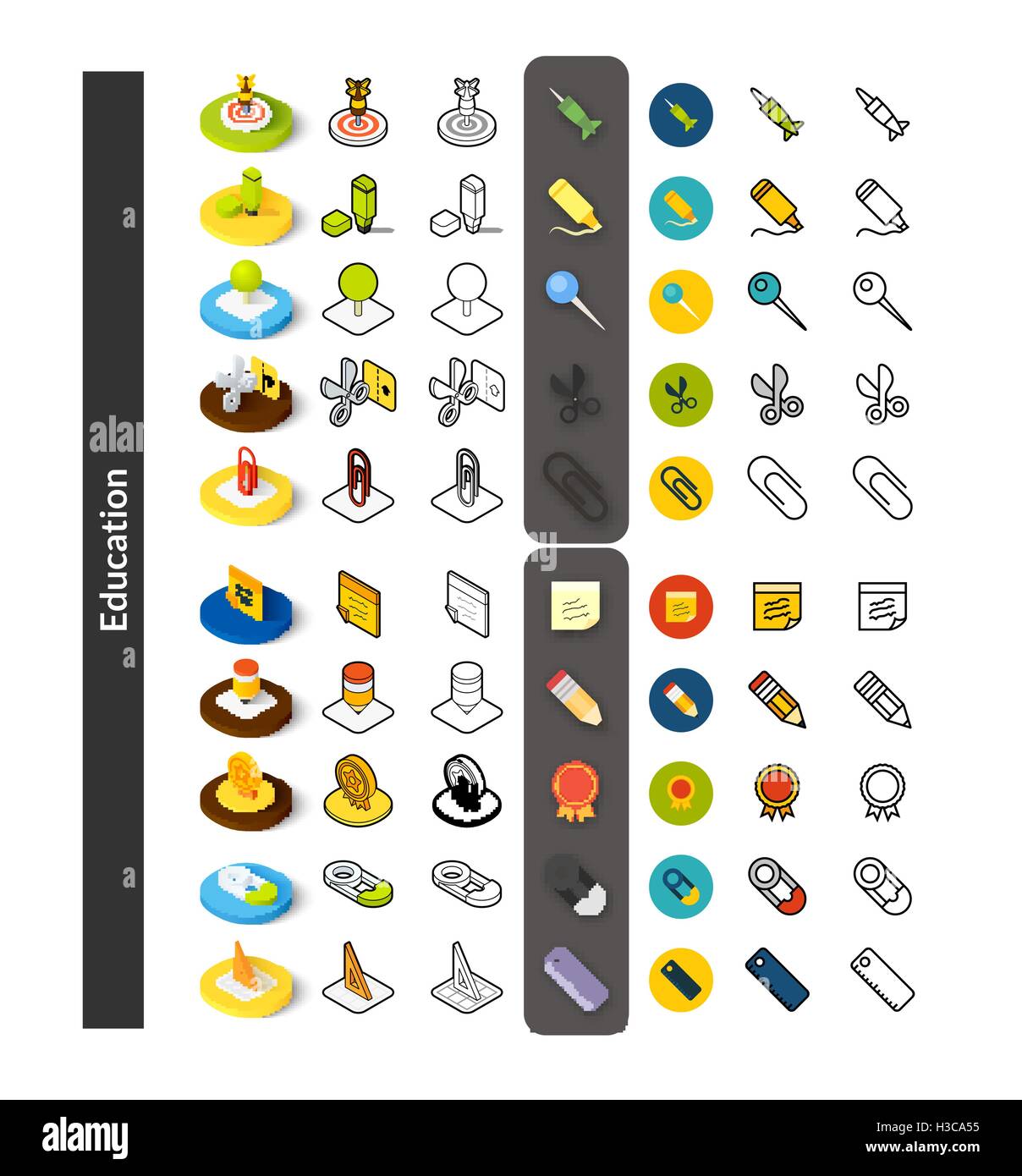 Set of icons in different style - isometric flat and otline, colored ...