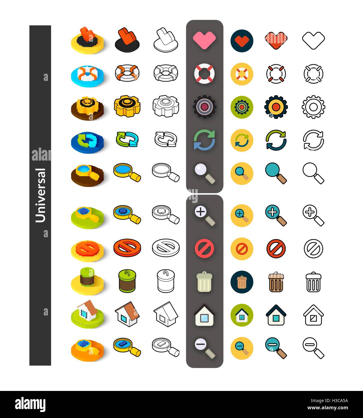 Set of icons in different style - isometric flat and otline, colored ...