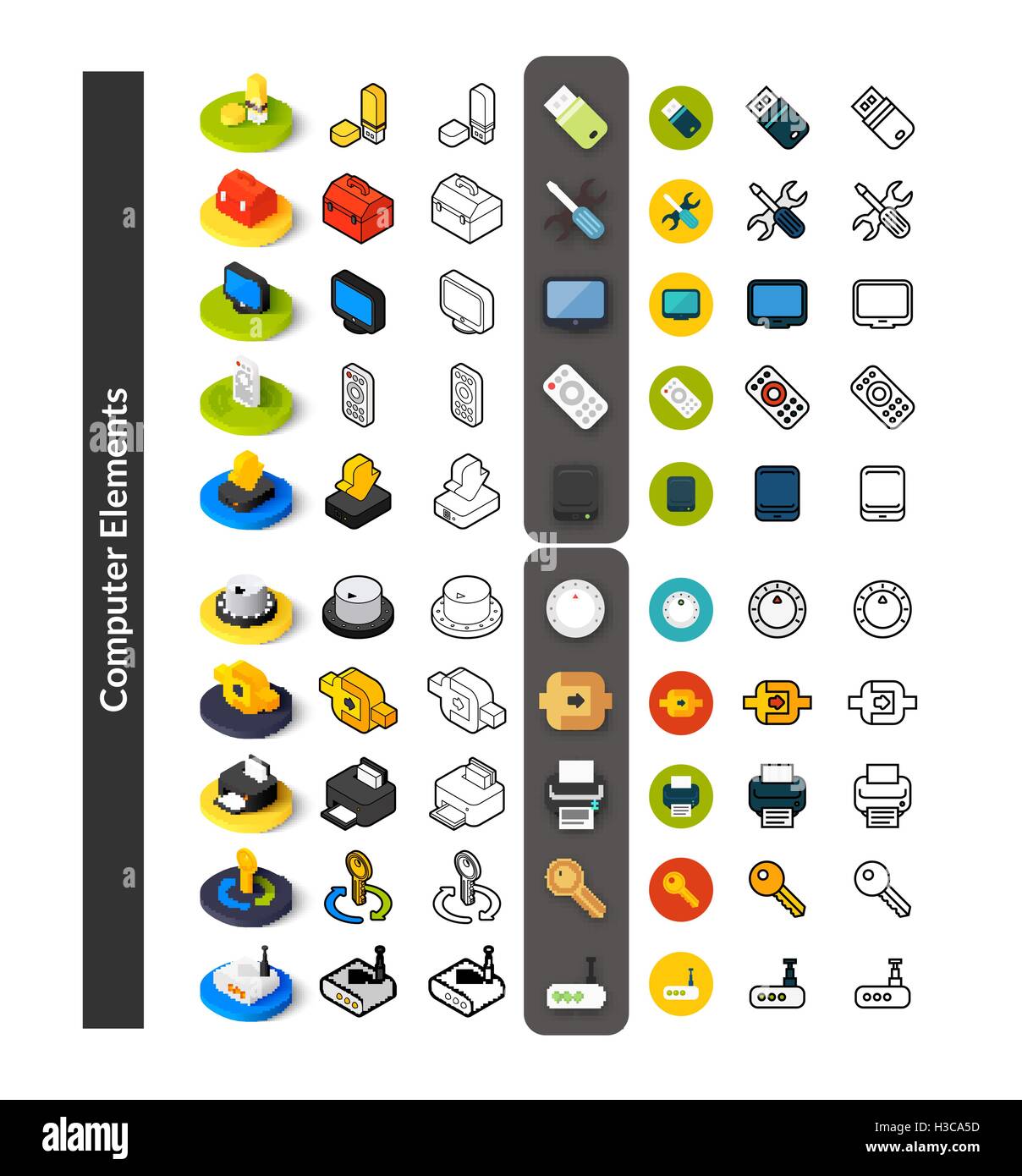 Set of icons in different style - isometric flat and otline, colored ...