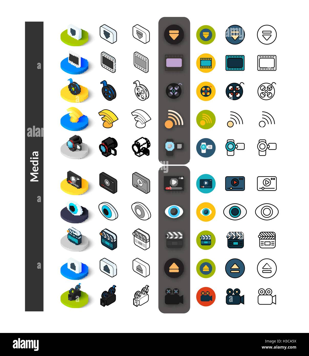 Set of icons in different style - isometric flat and otline, colored ...