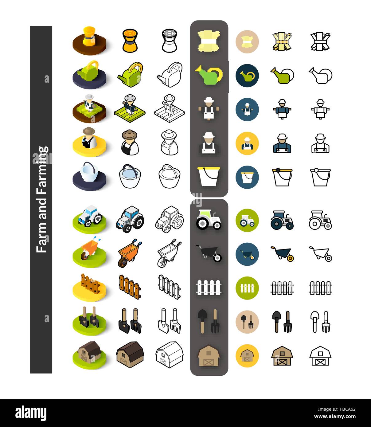 Set of icons in different style - isometric flat and otline, colored ...