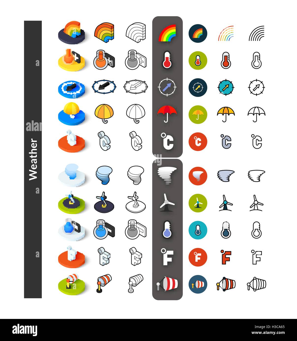 Set of icons in different style - isometric flat and otline, colored ...