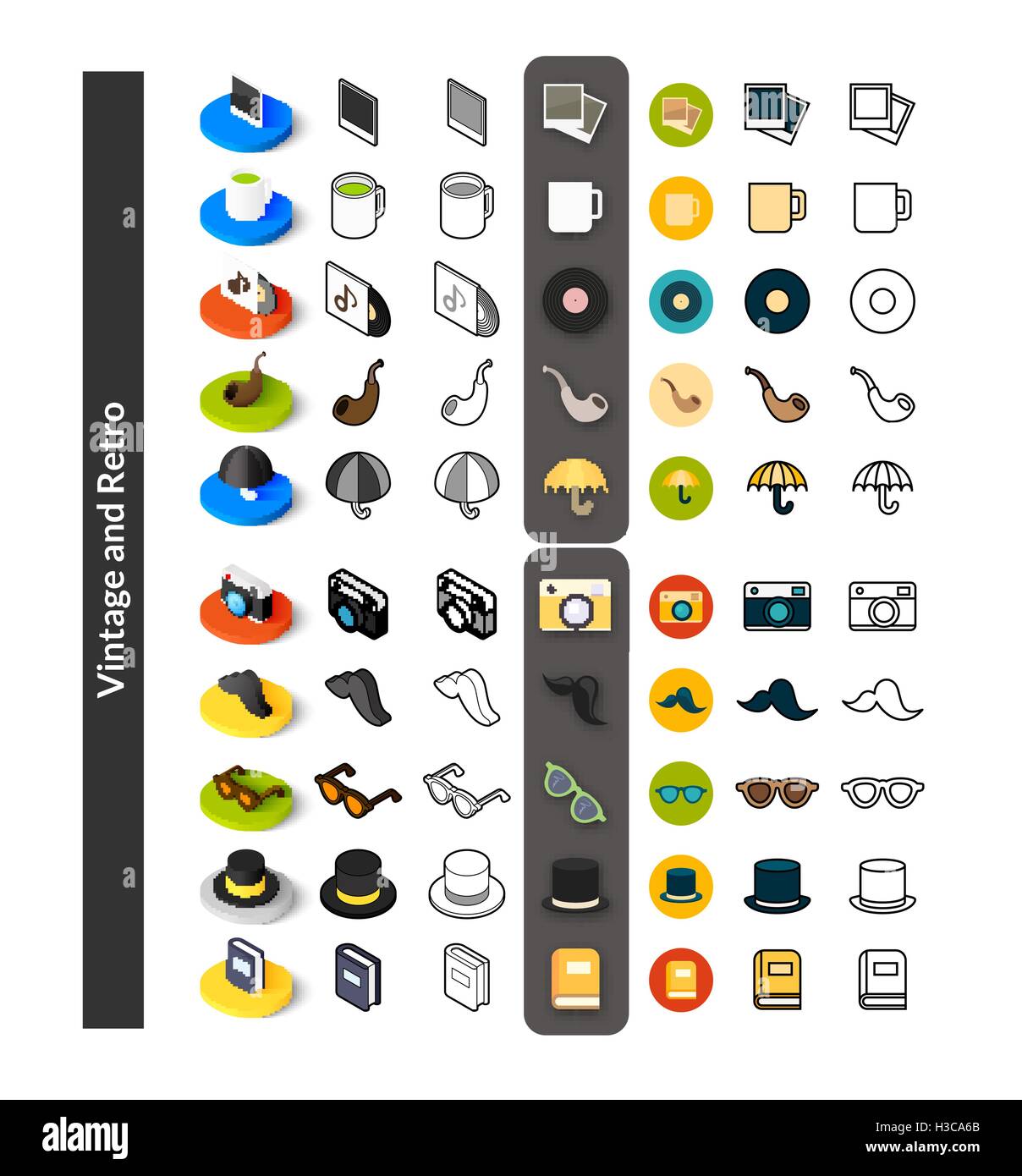 Set of icons in different style - isometric flat and otline, colored ...
