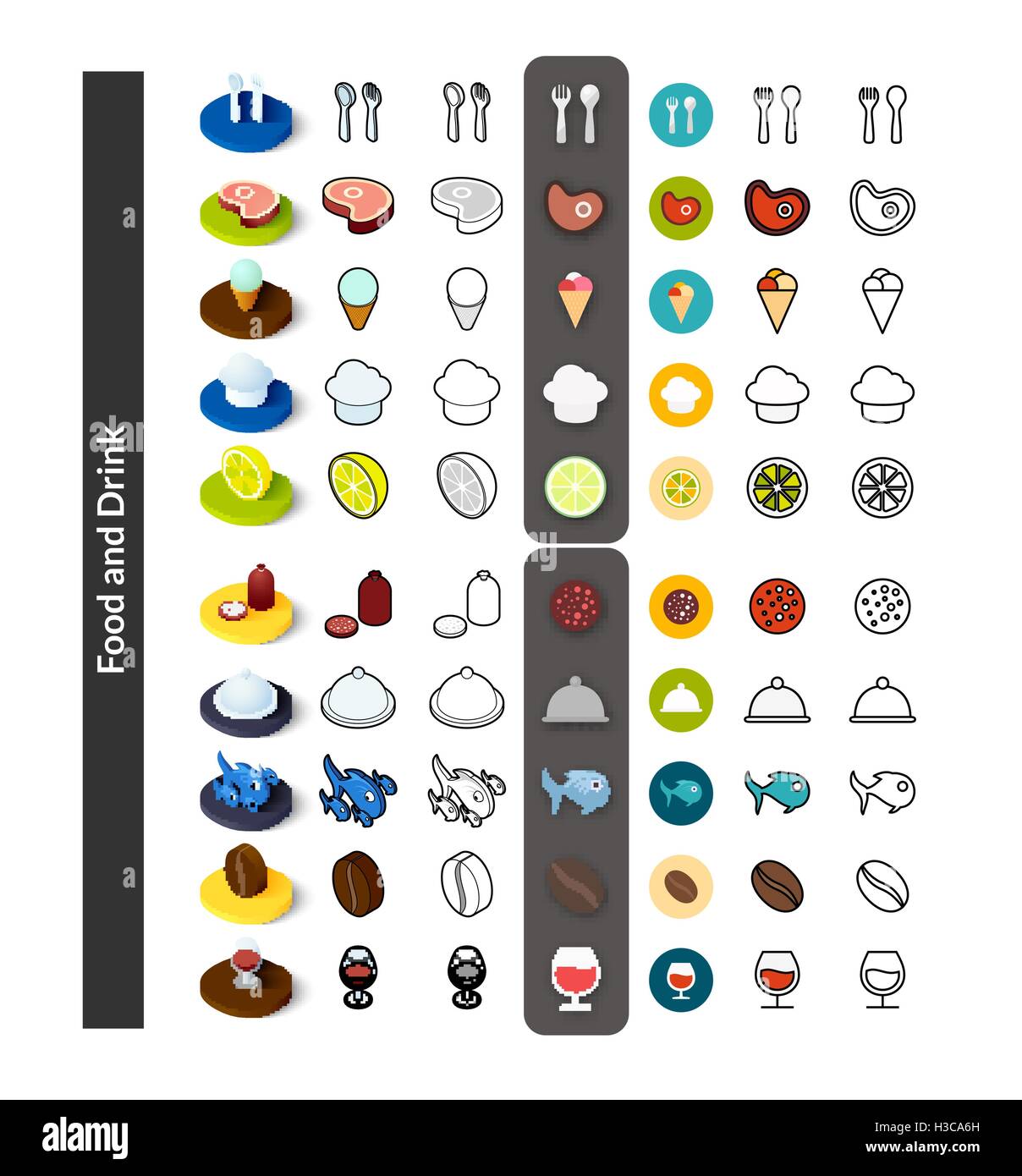 Set of icons in different style - isometric flat and otline, colored ...