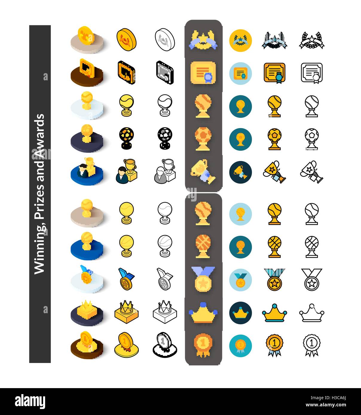 Set of icons in different style - isometric flat and otline, colored ...