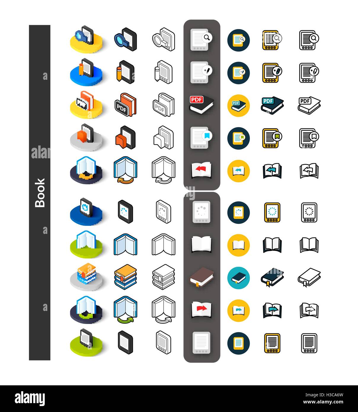 Set of icons in different style - isometric flat and otline, colored ...