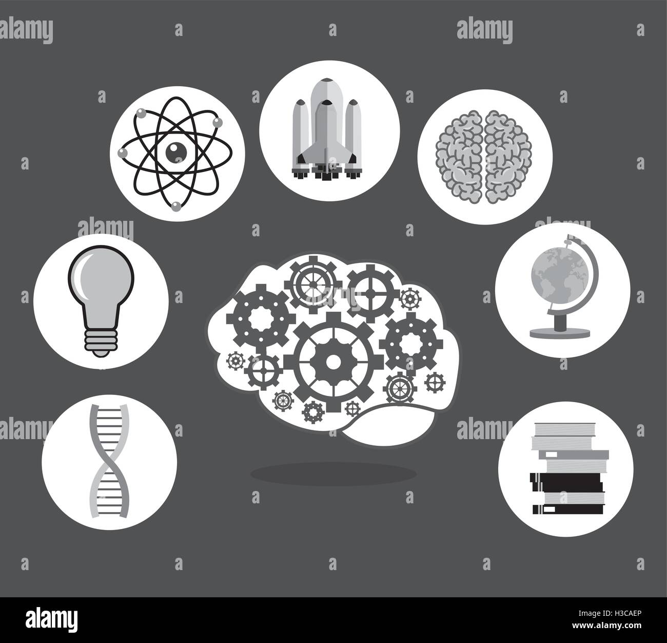 human brain with gears inside and science related icons image Stock ...