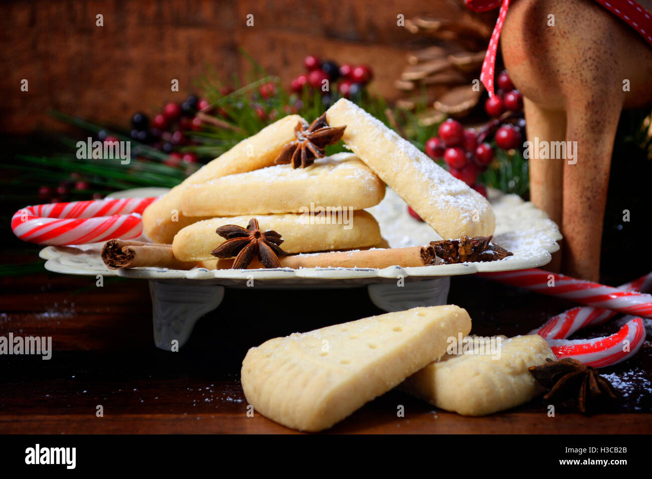 Festive Christmas holiday traditional shortbread biscuit cookies on a ...