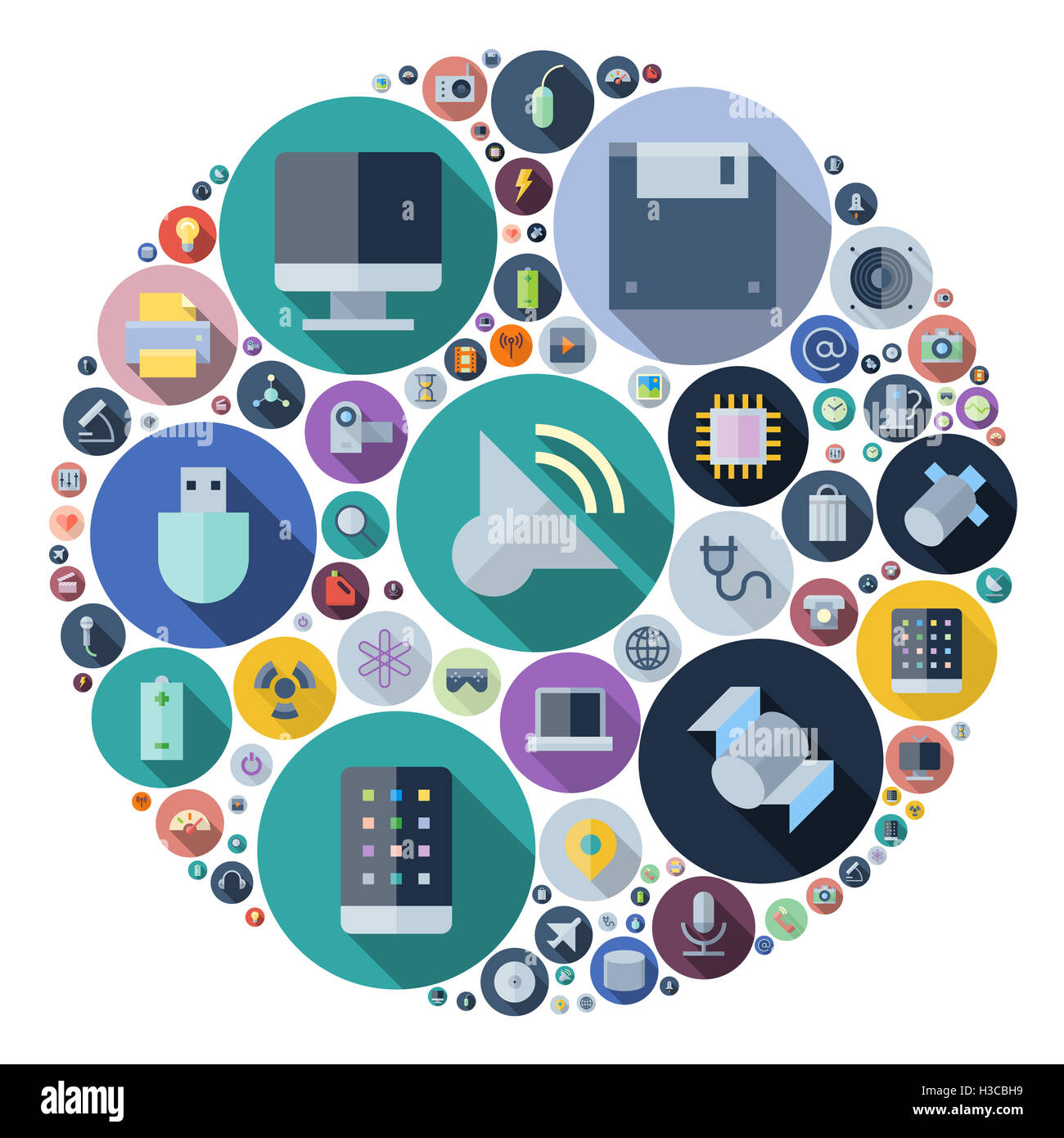 Icons for technology and electronic devices arranged in circle Stock ...