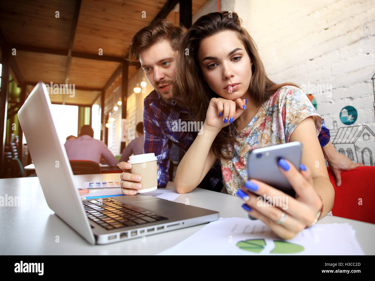 Team job. Photo young businessmans crew working with new startup ...