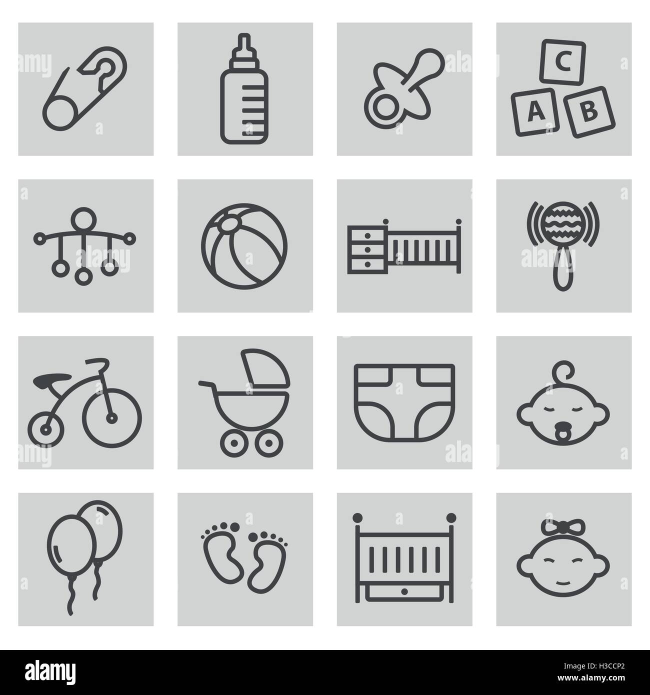 Vector black line baby icons set on grey background Stock Vector Image ...
