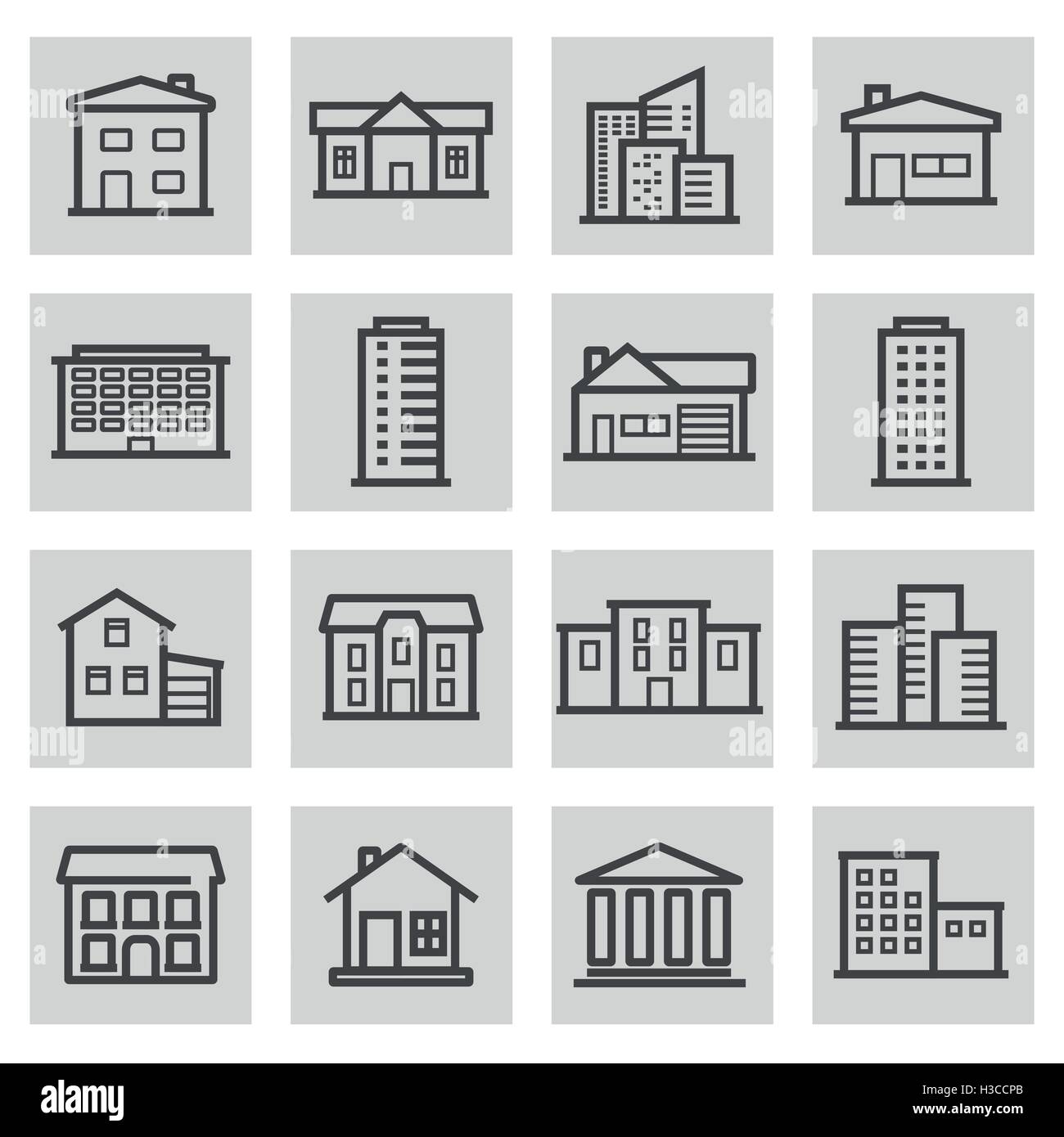 Vector black line building icons set on grey background Stock Vector ...