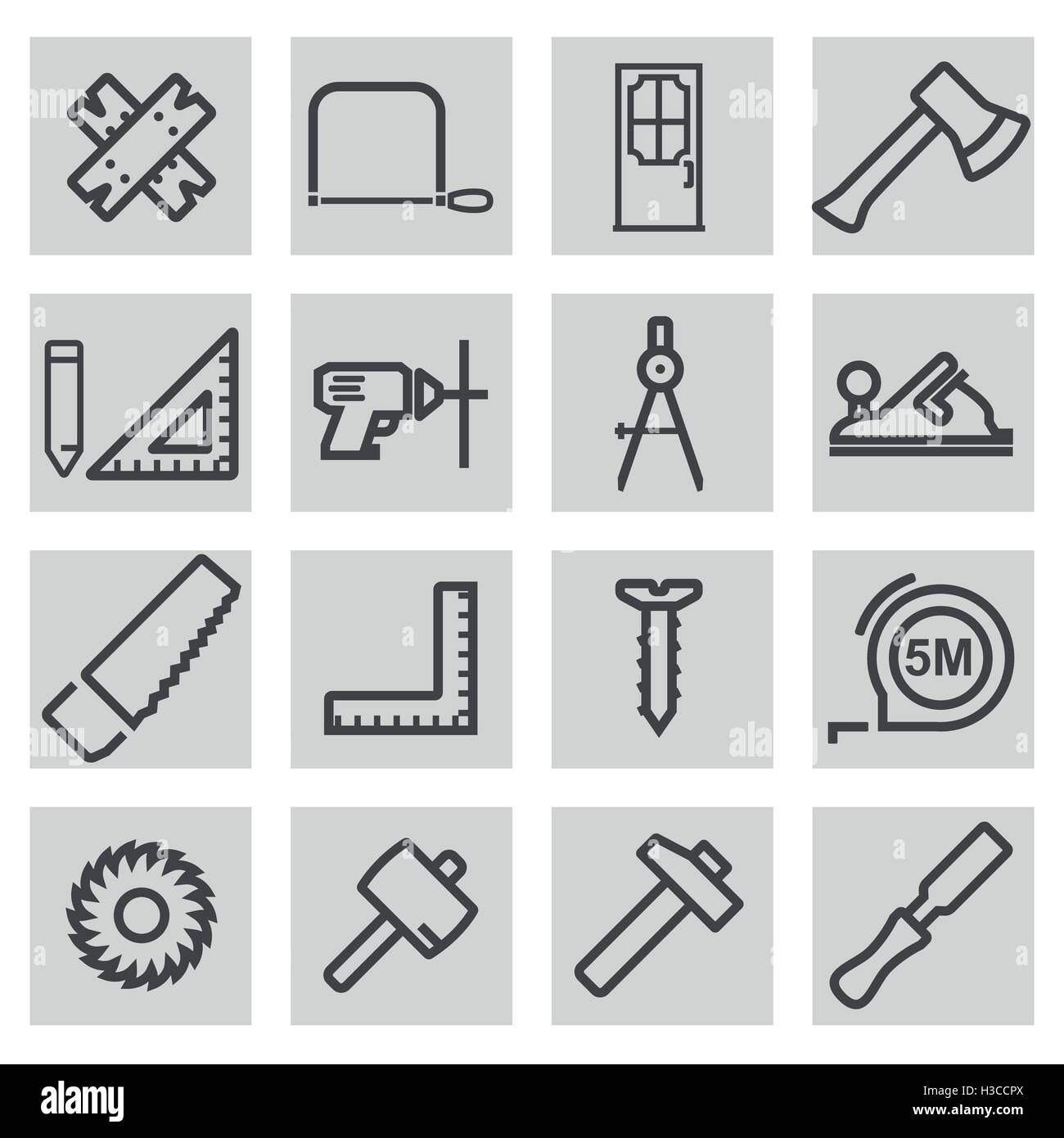 Vector black line carpentry icons set on grey background Stock Vector ...