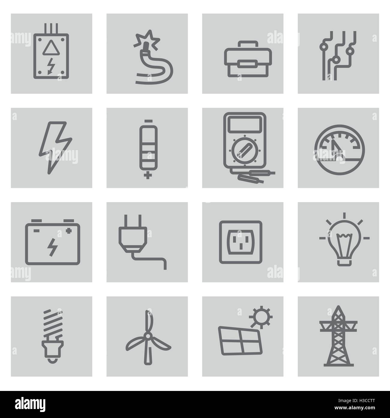 Vector black line electricity icons set on grey background Stock Vector ...