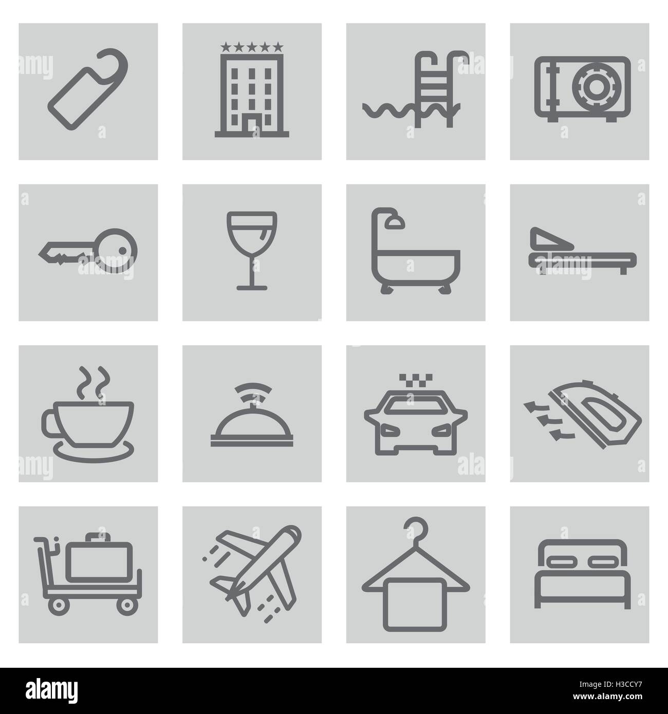 Vector black line hotel icons set on grey background Stock Vector Image ...