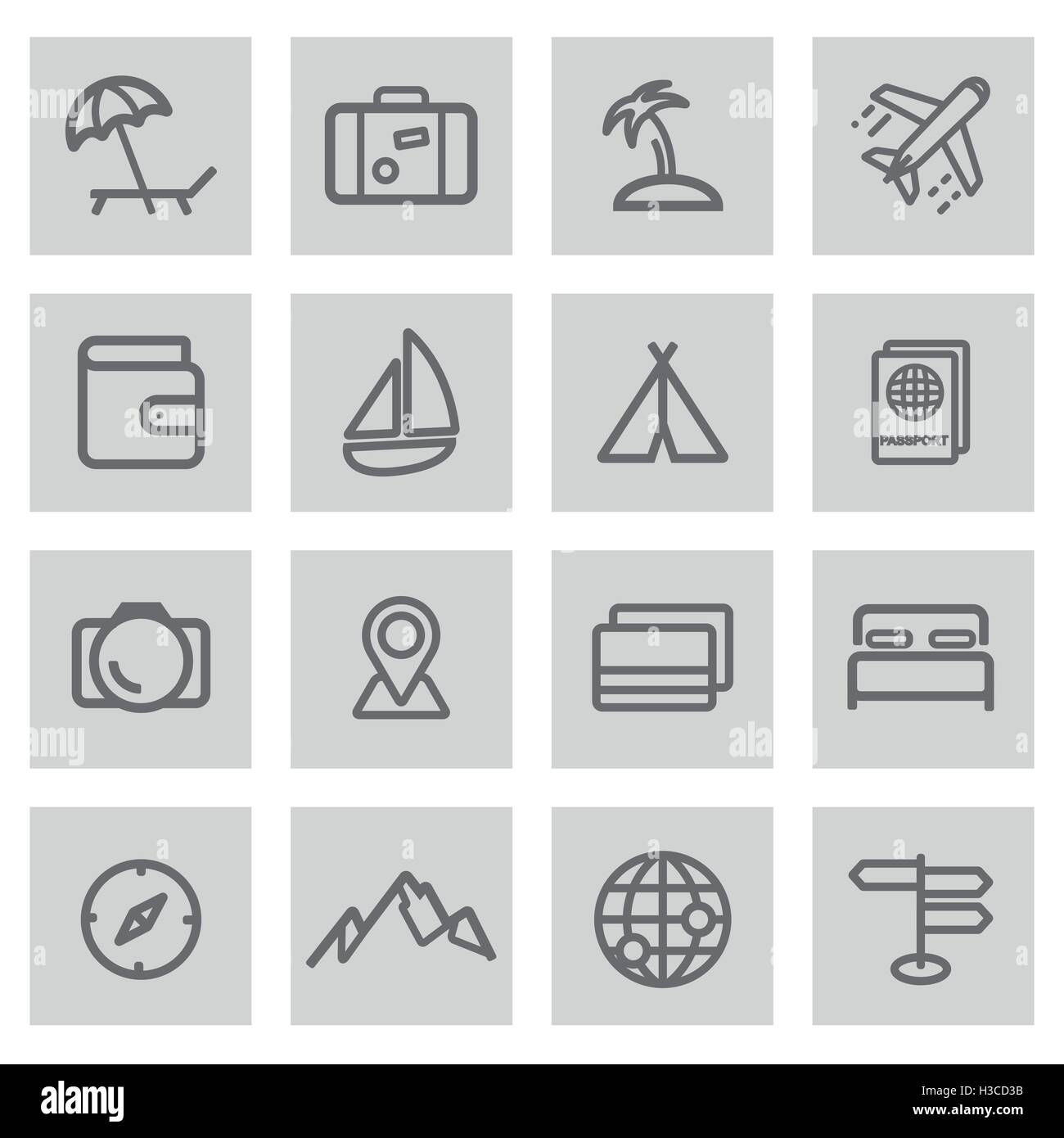 Vector black line travel icons set on grey background Stock Vector ...